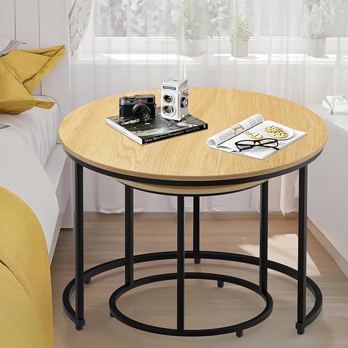Coffee Table Set of 2, 23.6” Industrial Circle Wooden Small Table ...
