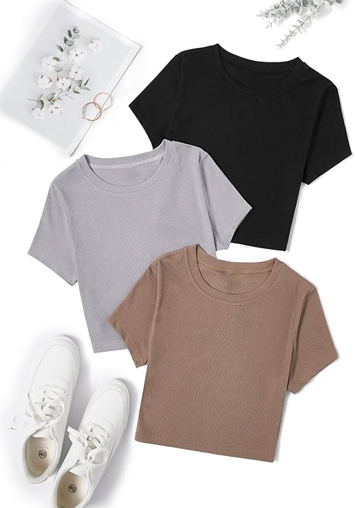 Pack of 3 Plain Crop Tops Simple Casual Soft Crop T-shirt Short Sleeve ...