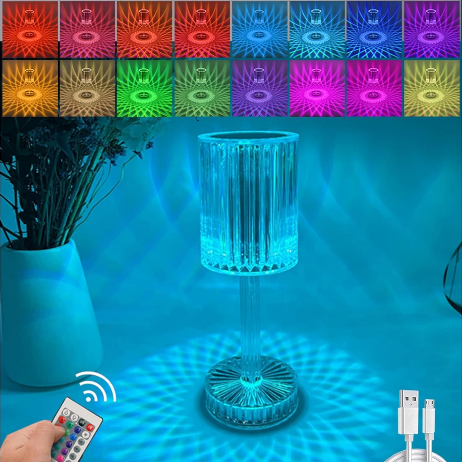 Crystal Lamp Rose Light Diamond Lamp 16 Colors with Touch Control USB ...