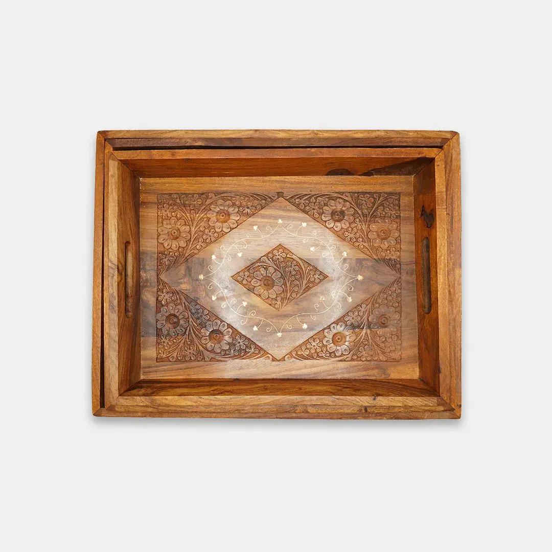 Pakistani Handcrafted Wooden Serving Tray with Elegant carving ...
