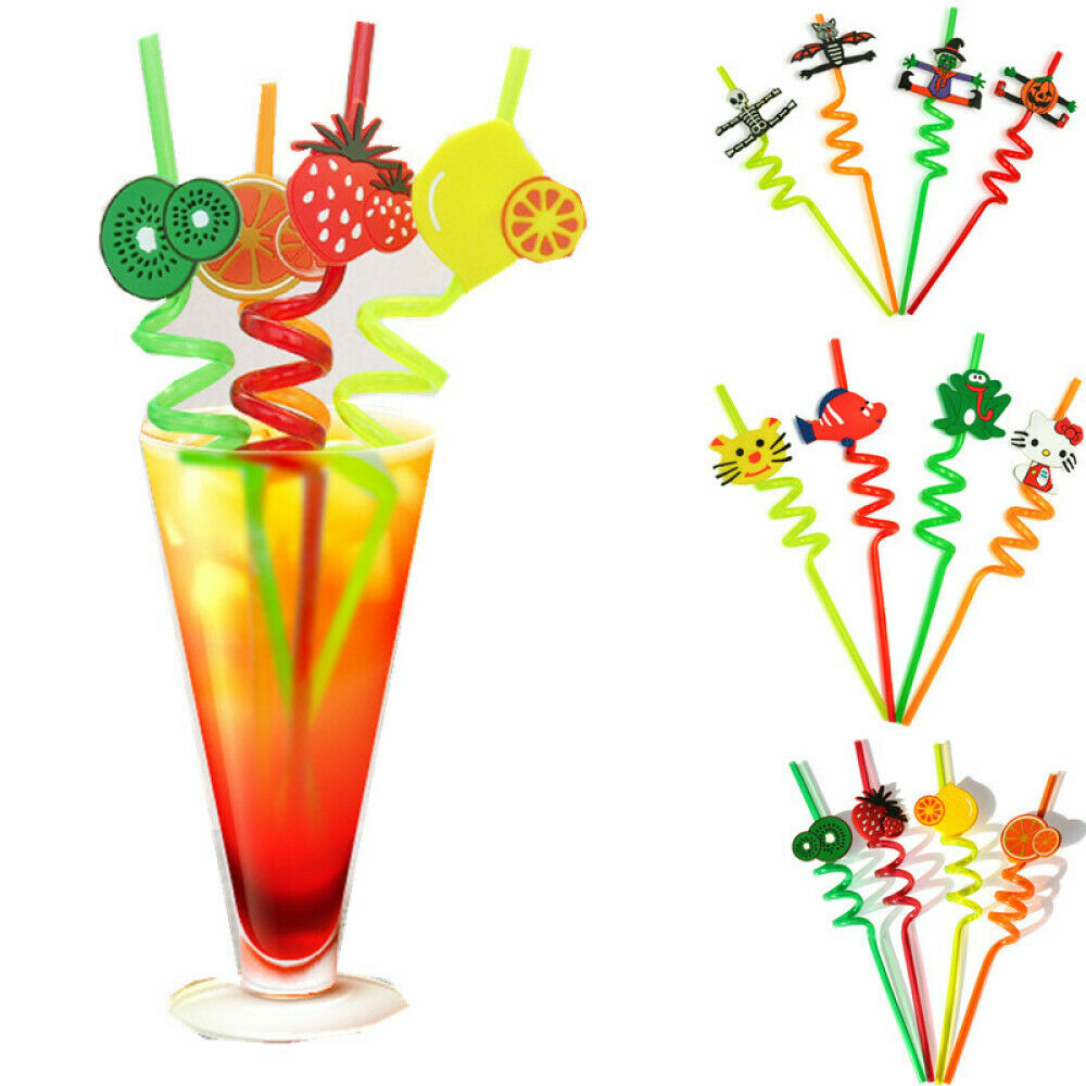 Set of 4 ,Funny Stylish Funky Spiral Straw For Kids Fruit Shape Emoji ...