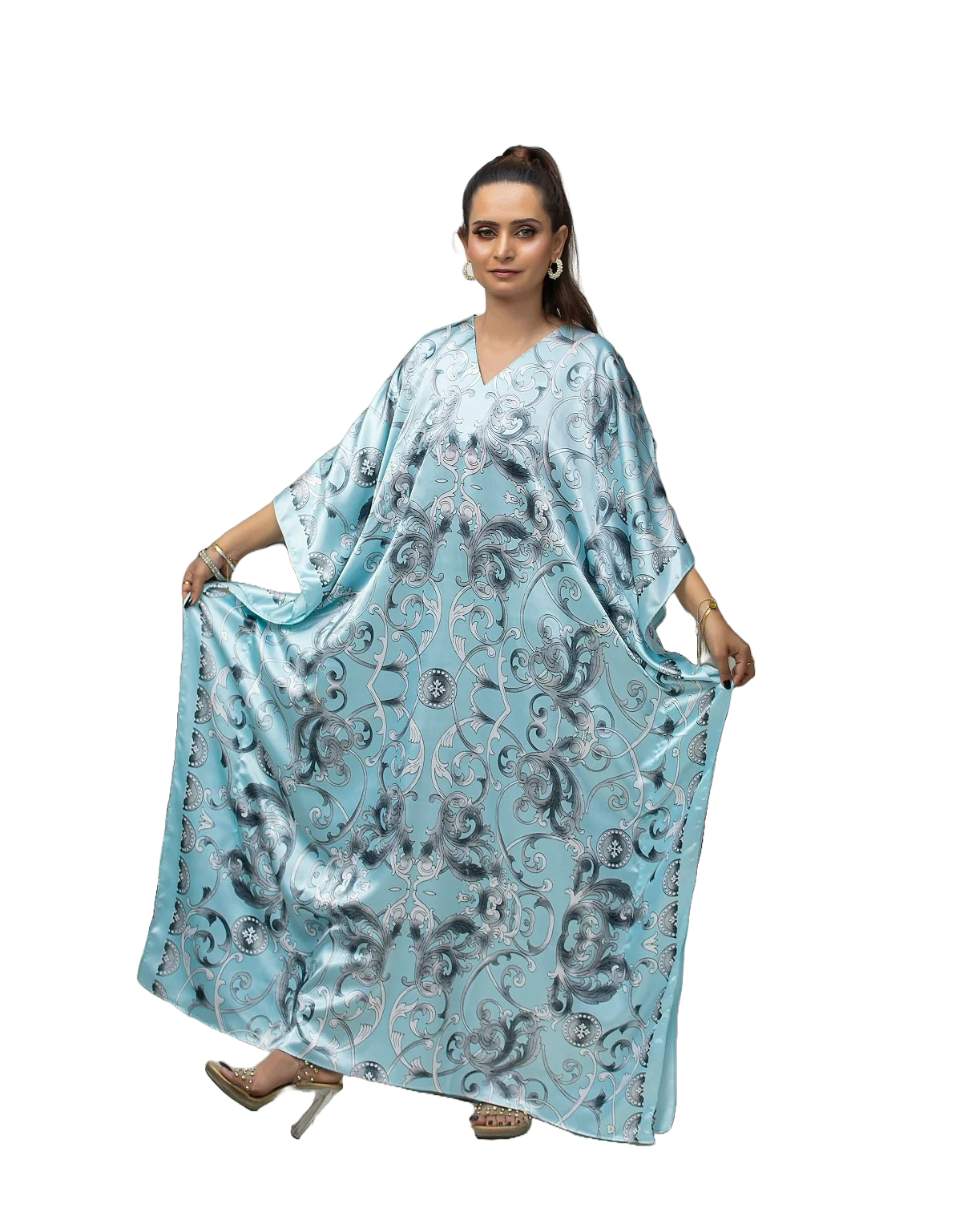 Printed V Neck 52 Inches Long Satin Silk Kaftan, Nighty, Night Dress ...
