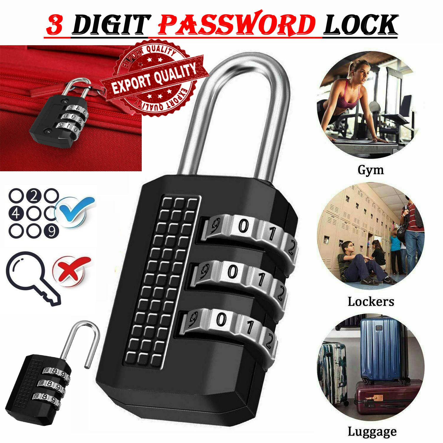 3 Digit Password Combination Lock For Suitcase Locker Travel Bag Resettable Code Number Padlock