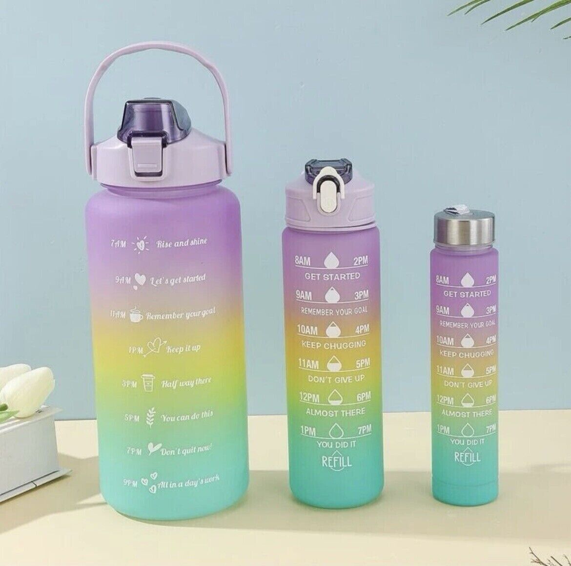 Gradient Water Bottle 2000ML/900ML/300ML Pack of 3 Plastic Bottles With Straw & Handle ...