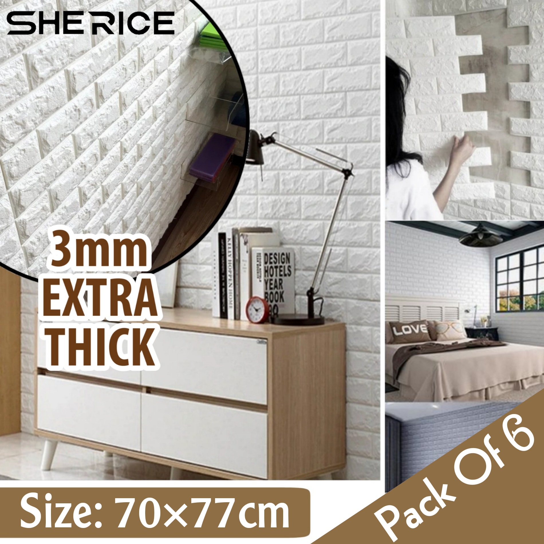 [Pack of 6] 3D Brick Wall Stickers Self Adhesive Wallpaper Sheets 3mm ...