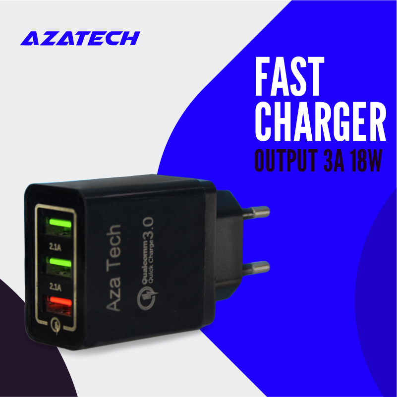 AzaTech QC 3.0 Fast Charger With Triple USB 3 Port 3A 18W 25W Quick Charge For All Brands | Daraz.pk