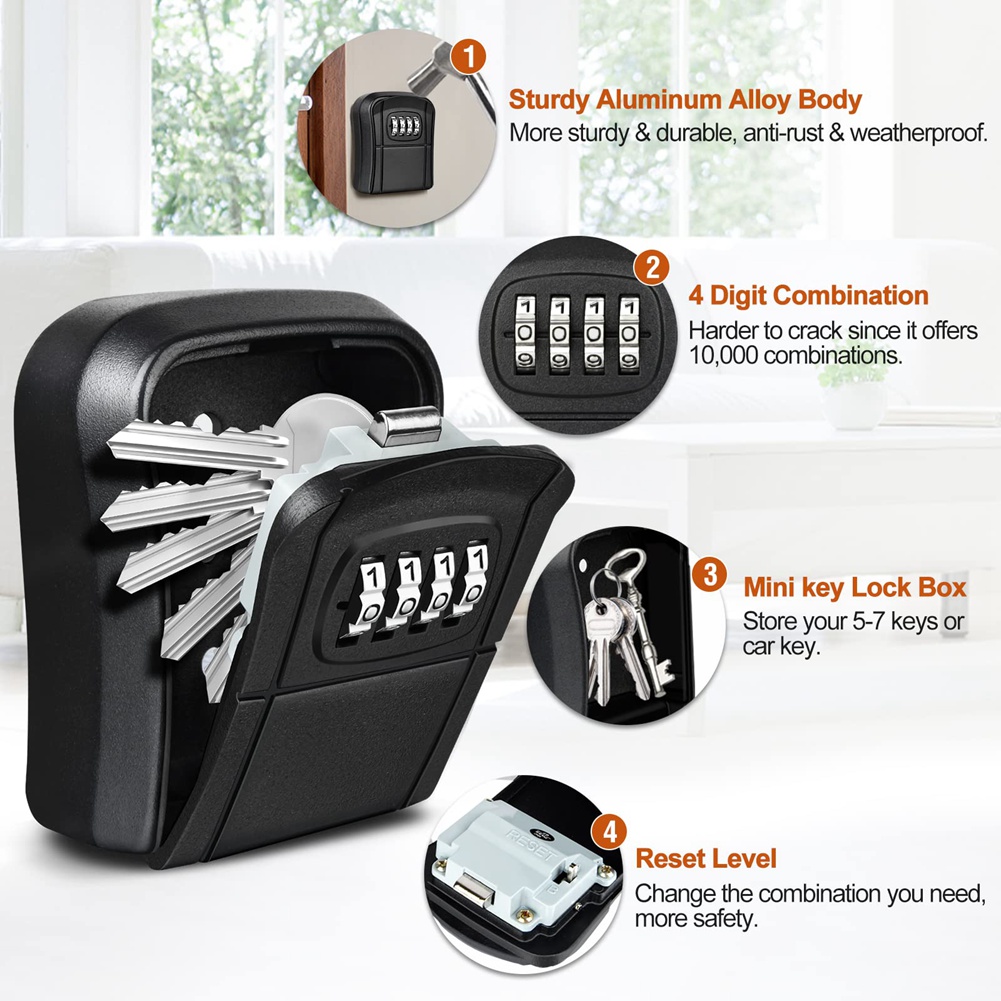 Key Box Wall Mounted Mini Key Safe Outdoor Key Box with Resettable 4 ...