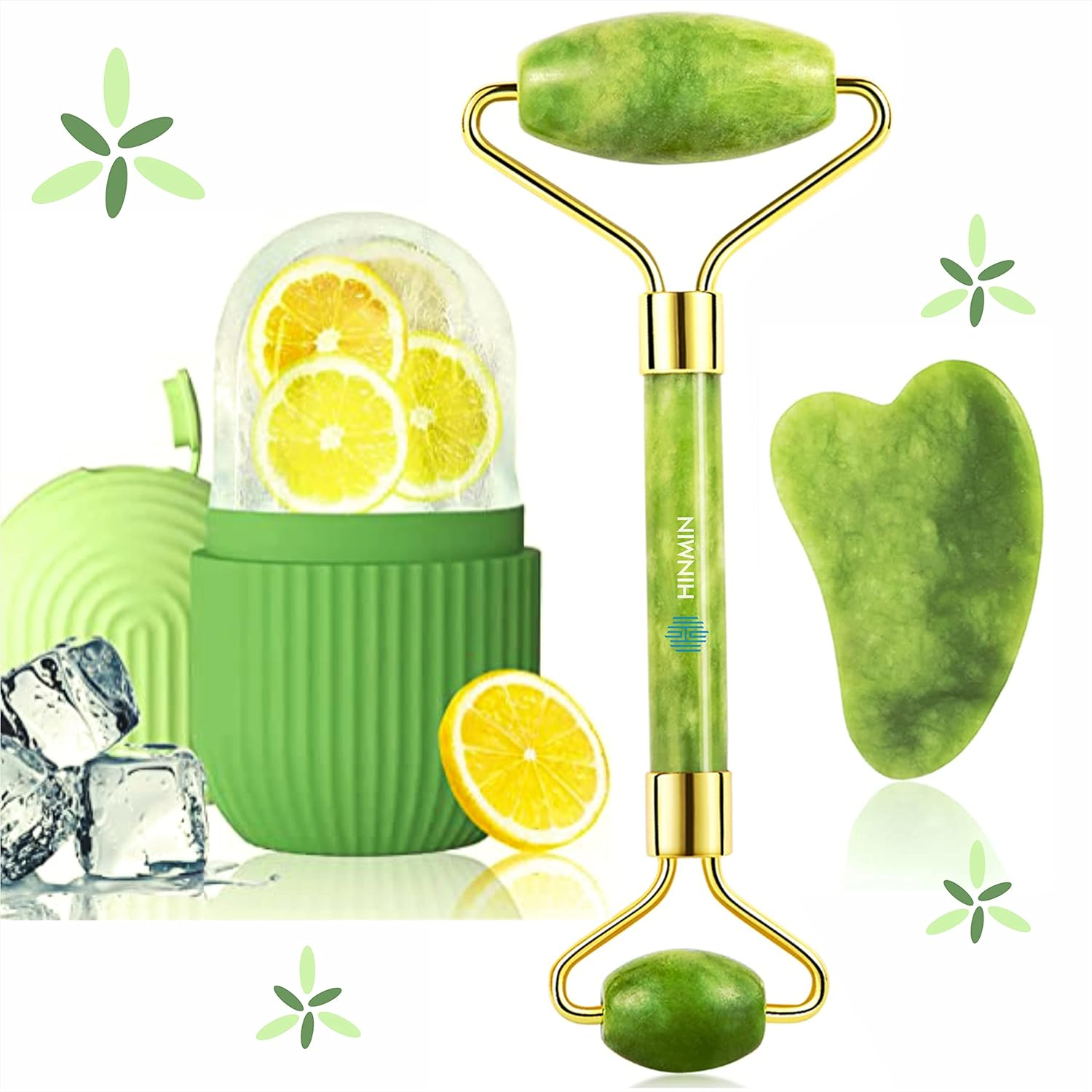Jade & Derma Roller Gua Sha Board Massager – Face Stone Jade Roller ...