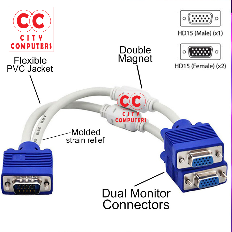 VGA Splitter Cable, 15Pin 1 Male to 2 Female Y Adapter Monitor ...