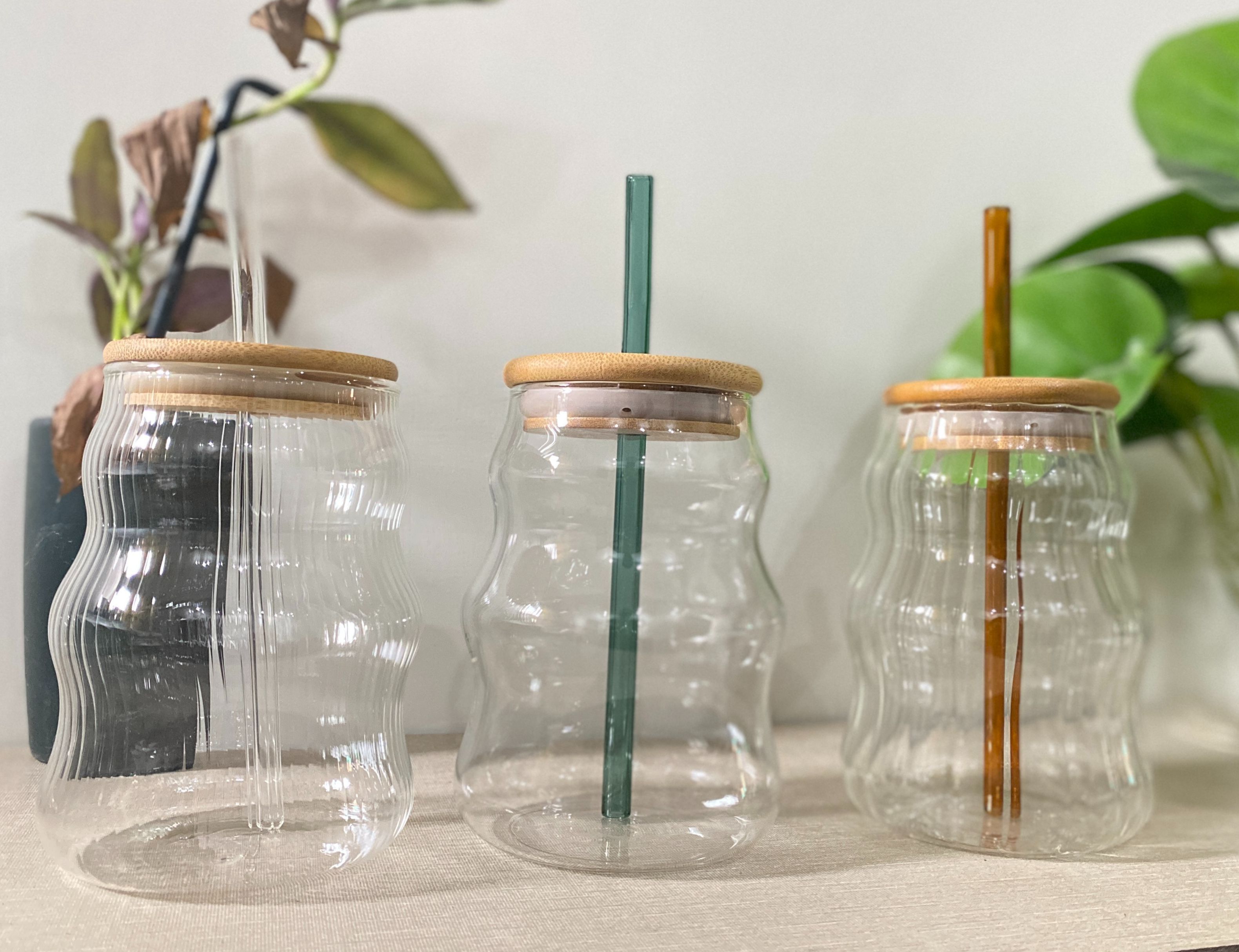 Ribbed & Round Glass Sipper with Glass Straw, Tumbler Can Lid Ribbed ...