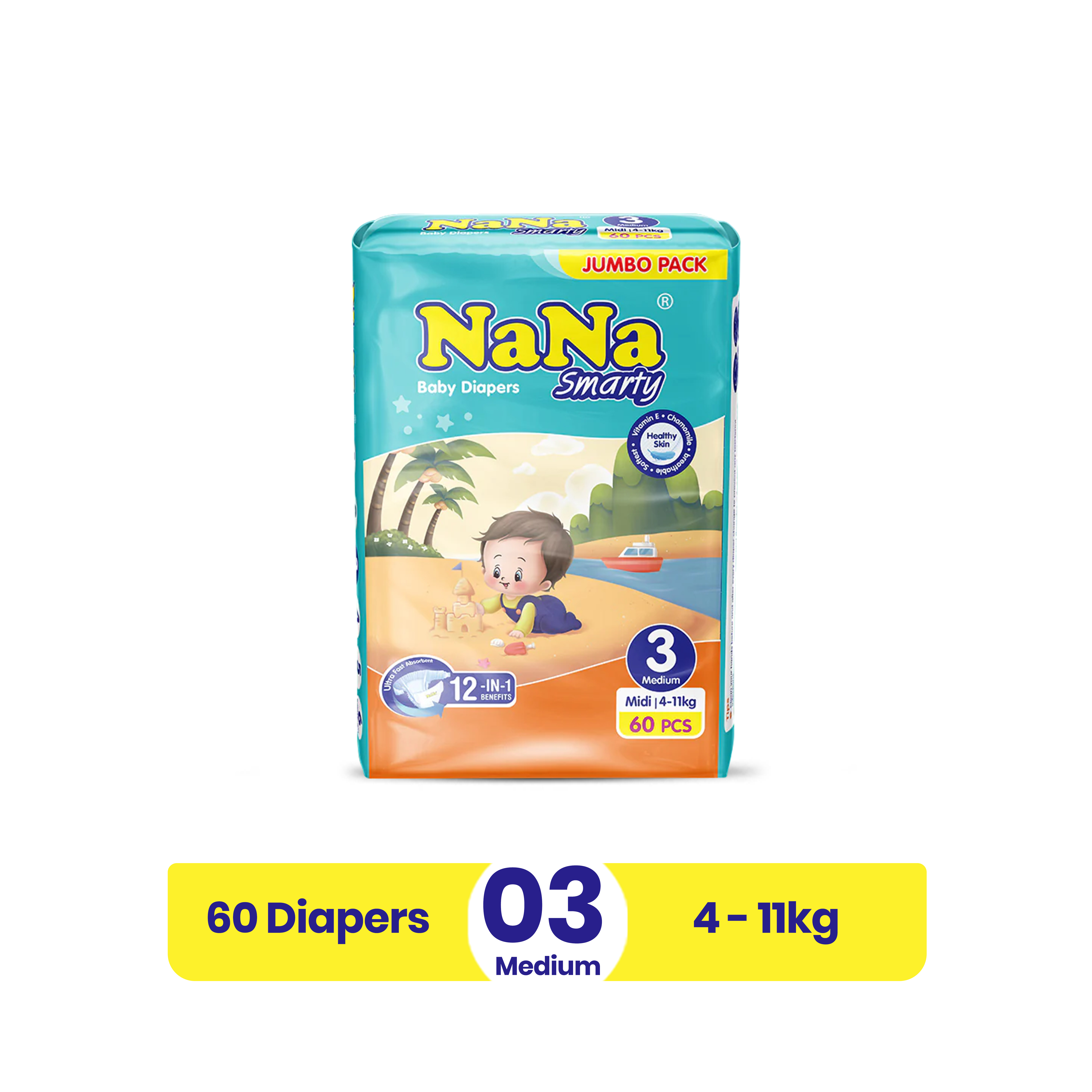 NaNa Smarty Diapers - New Jumbo Pack - Medium Size 3 - 60 Pcs - 4-11kg | Daraz.pk