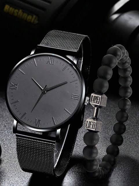 Boy 3 piece watch set black glass beed bracelet 1 steel braclet and 1 ...