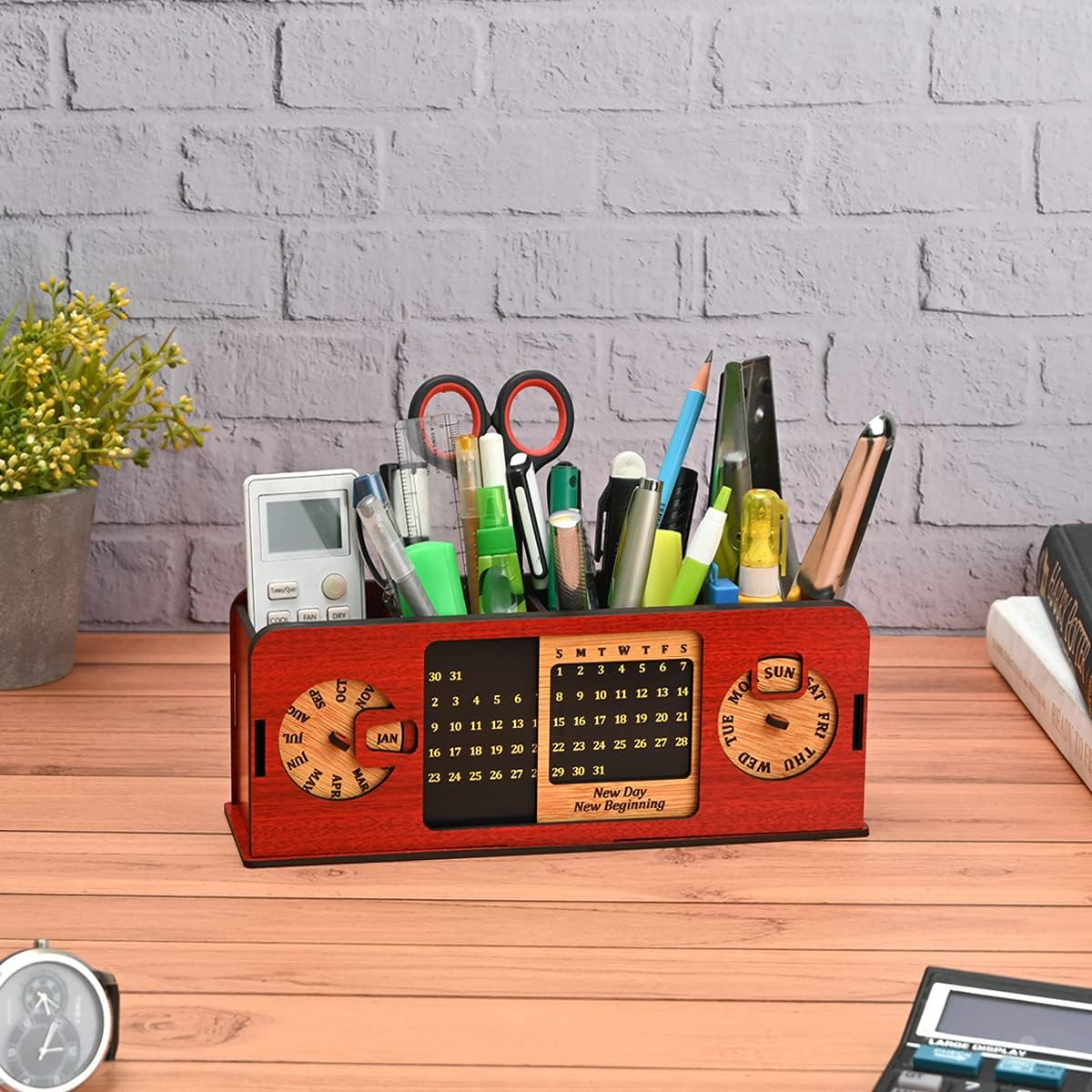 Wooden table calendar with desk organizer with 4 compartments / desk ...