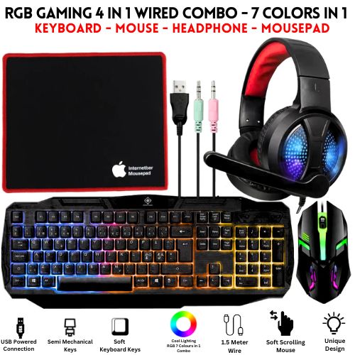 RGB Gaming Keyboard & Mouse & Headphone & Mousepad 4 in 1 Wired Combo ...
