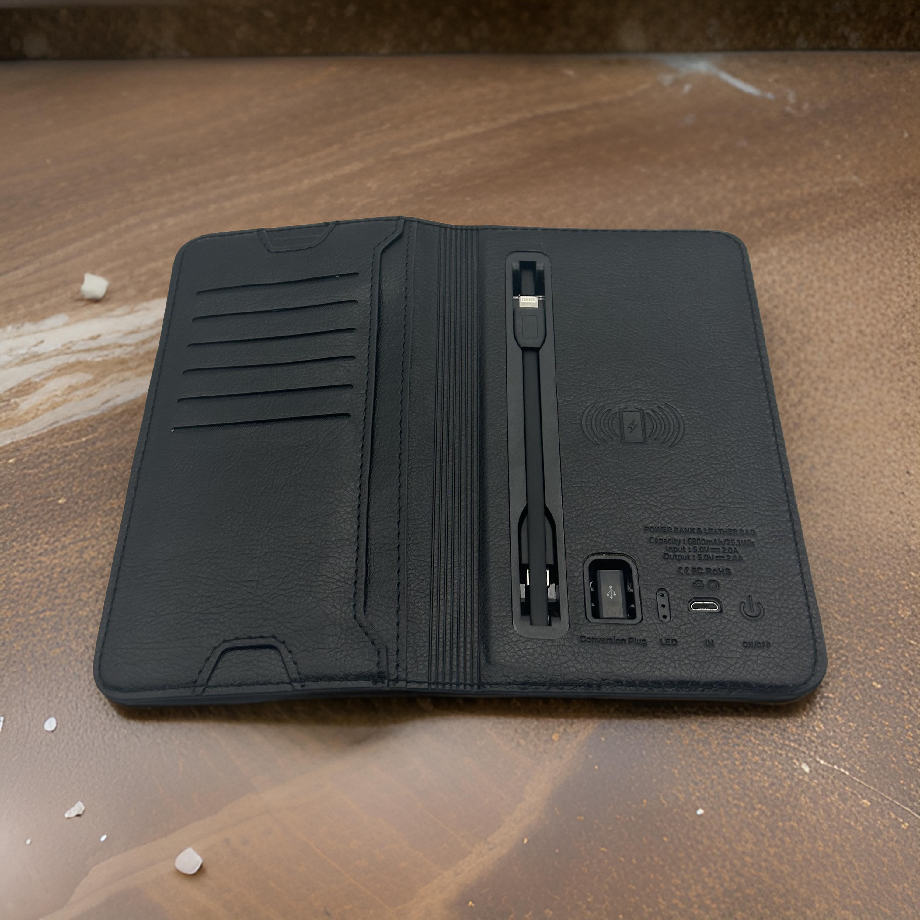 Leather Wallet with 6800mAh Power Bank, Wireless Charging Pad, and Card ...