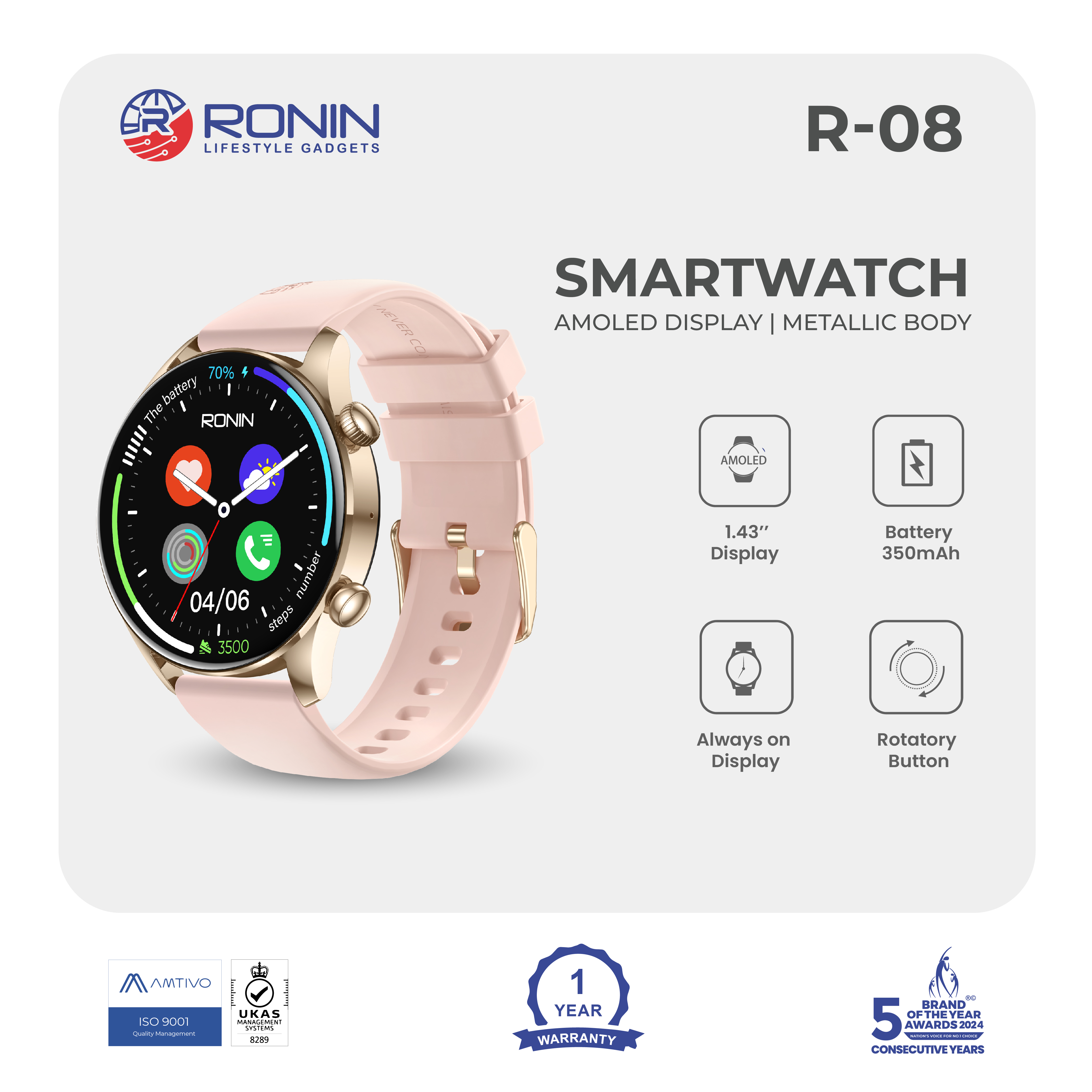 Ronin R-08 Smart Watch, 1.43" AMOLED Display with AOD, 100+ Sports ...