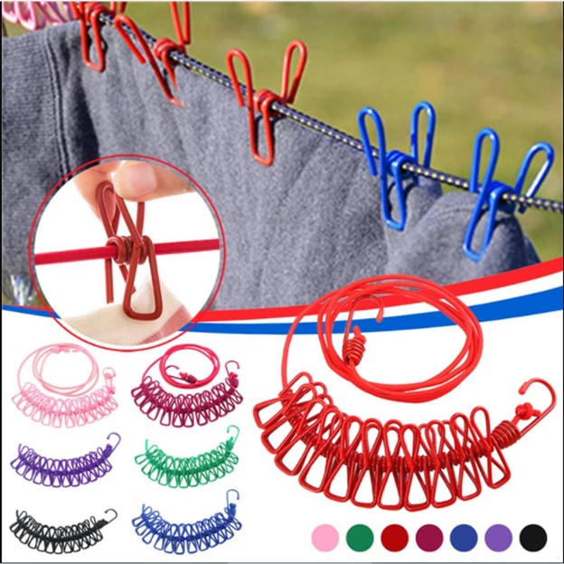180 cm Portable Clothing Clothesline with 12 Clips Retractable Laundry ...