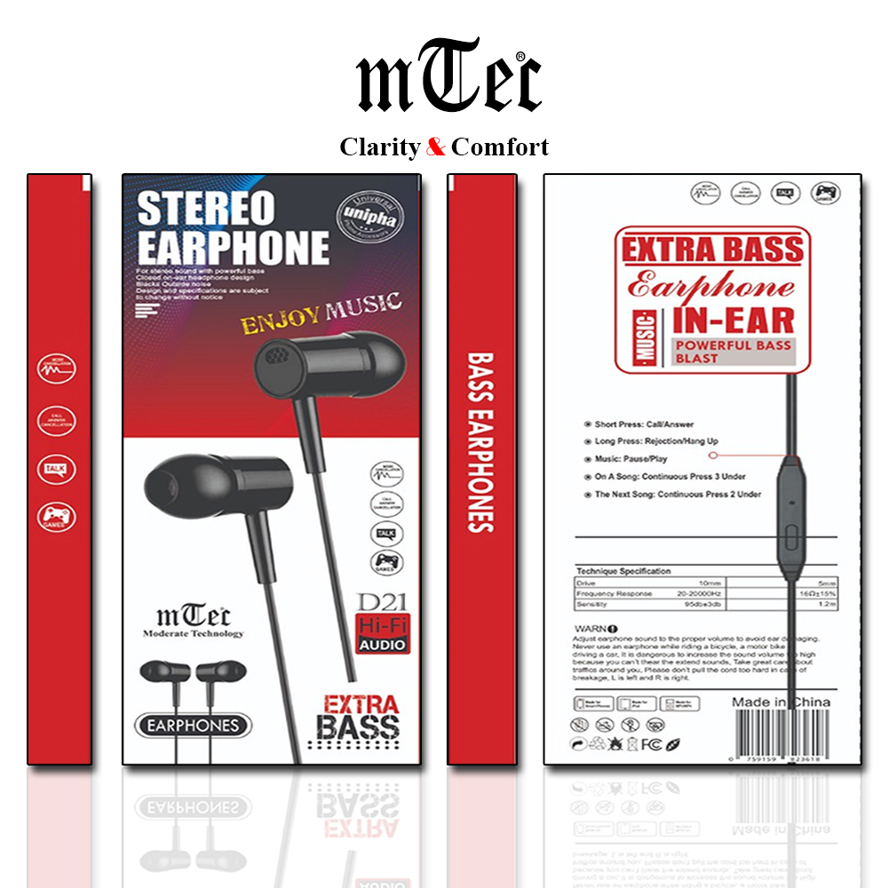 mTec Affordable Earphones D21 Stereo Handsfree with Mic | Daraz.pk