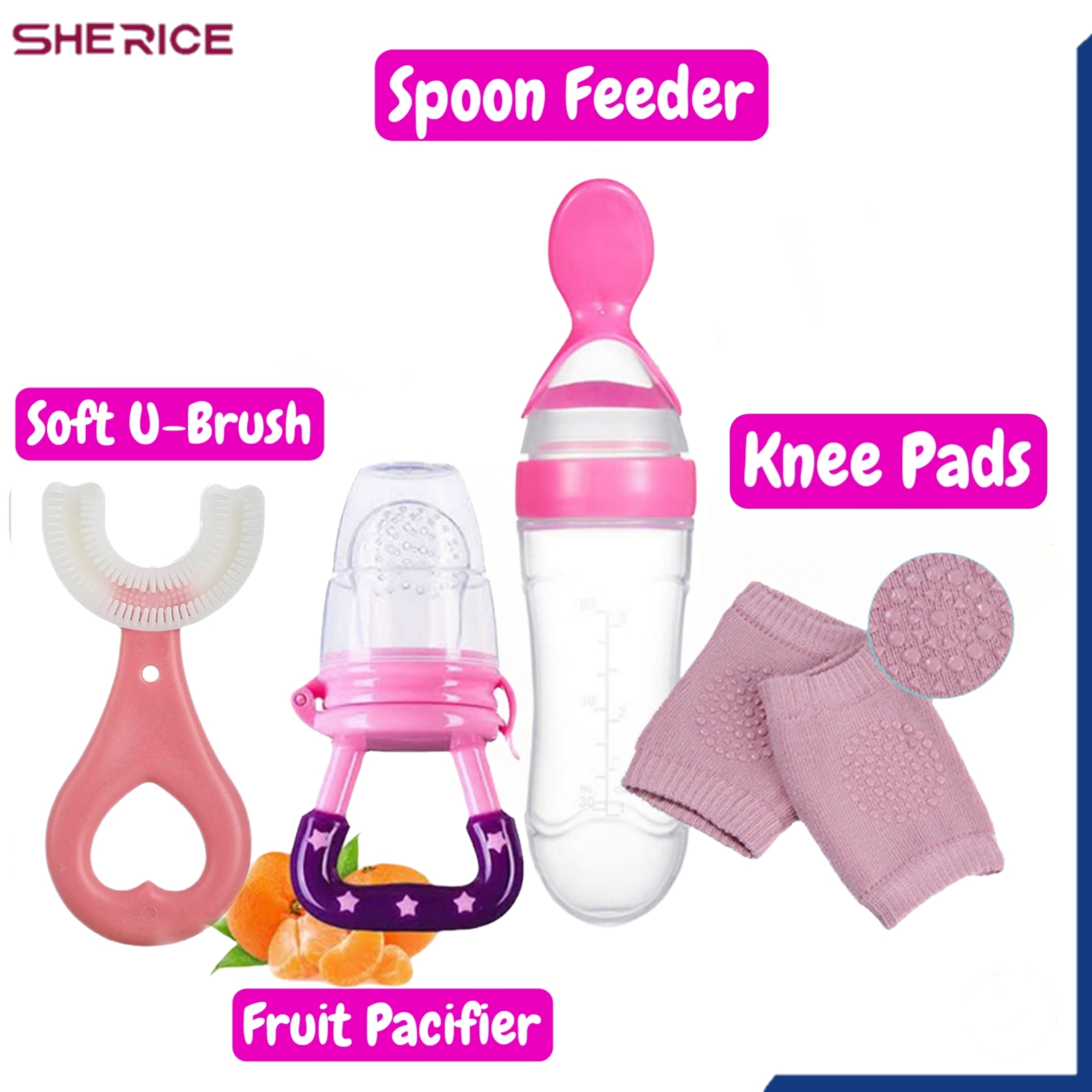 Pack of 4 | Baby Silicone Spoon Feeder + Fruit Pacifier + Knee Pads + U ...