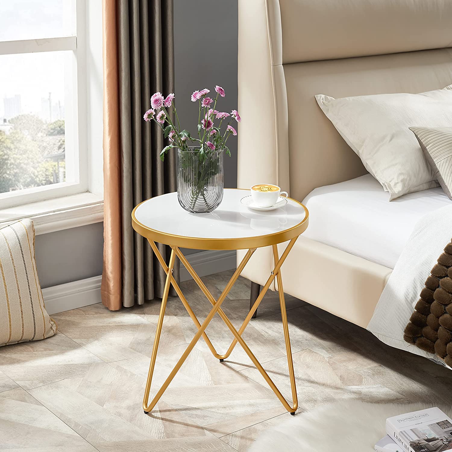 Round End Table with Black MDF Golden Legs and Metal Frame, Modern Side ...