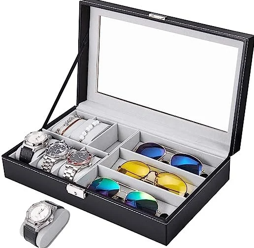 Leather Storage Box Watch Slot Box with Jewelry Display Drawer Glass ...
