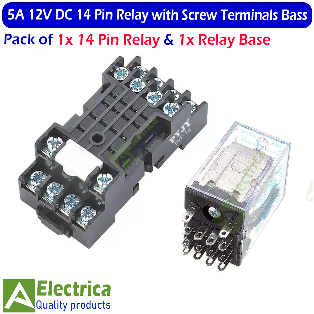 14 Pin 5A Coil 12V DC Power Relay and PYF-14 Screw Terminals Base 12V Contact DPDT General ...