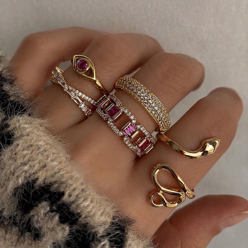 5Pcs/Set Bohemian Snake Shaped Ring Zircon Crystal Gold Metal Rings Set ...