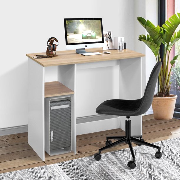 Wooden Computer Desk with 2 Tiers Shelves, Sturdy Table for Home Office ...
