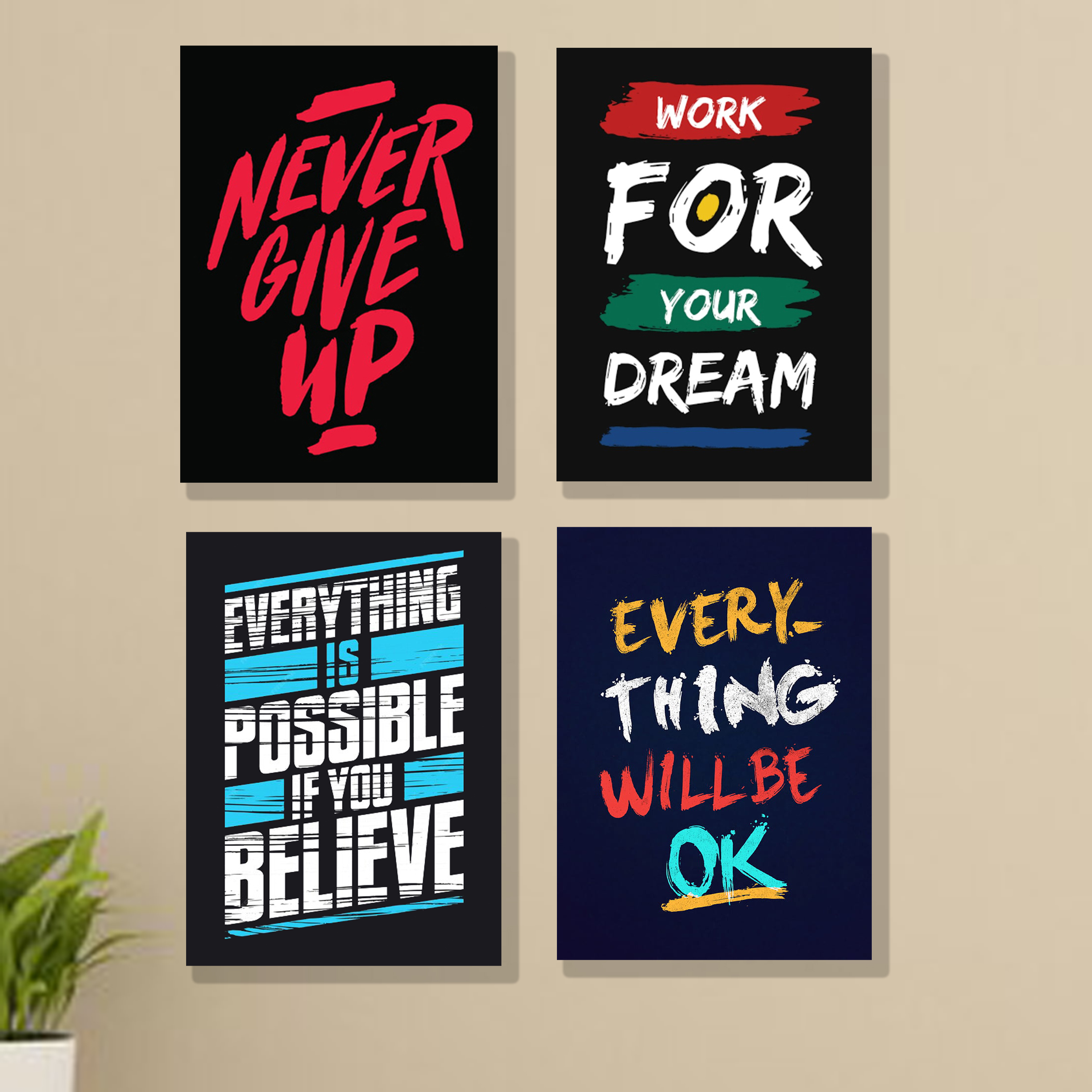 set of 4 Motivational sticky canvas frames for wall decore / sticky ...