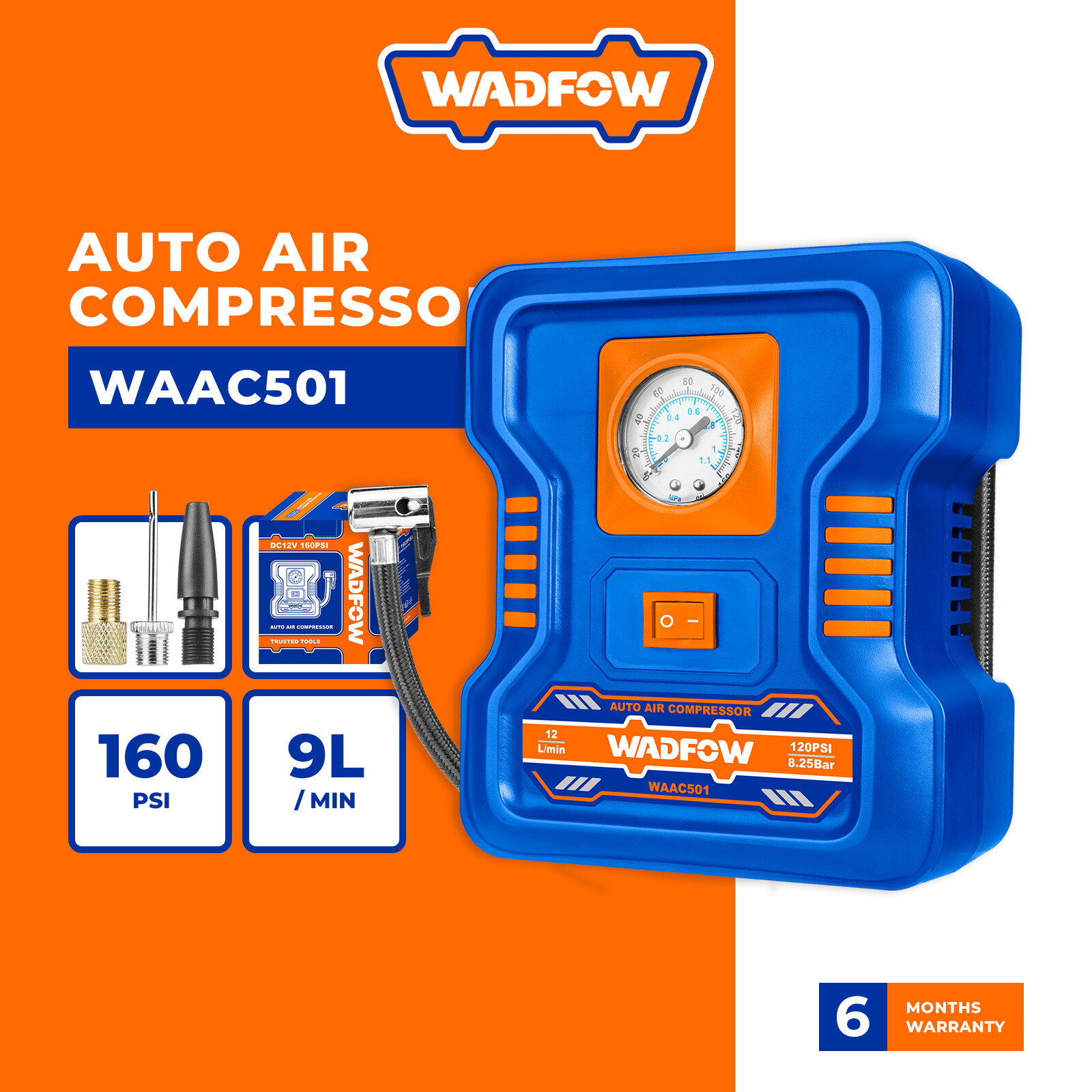 WADFOW Auto Air Compressor 12v 160psi (with 3 adaptors) | Daraz.pk