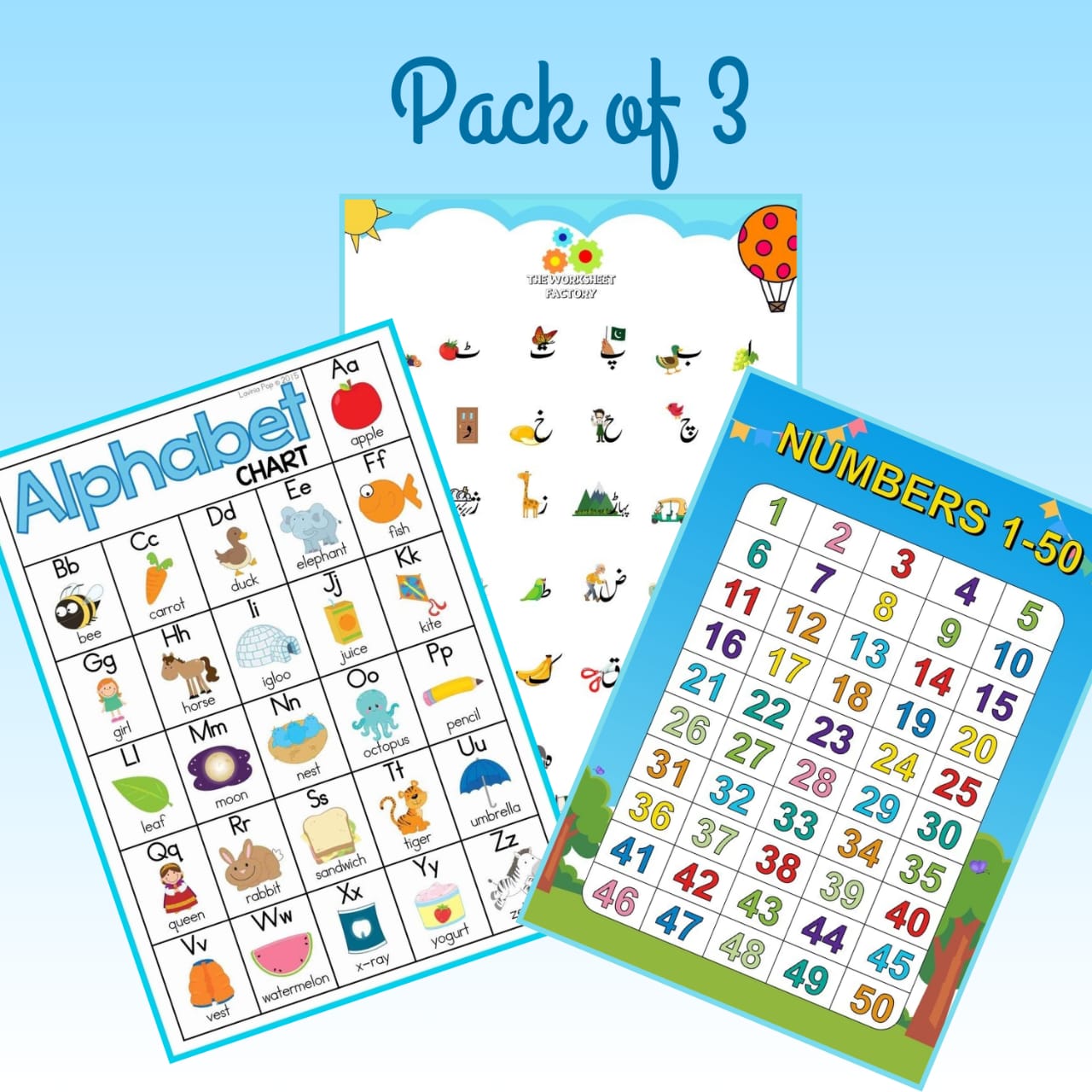 Pack of 3 - Flash Cards : All-in-One English (Aa to Zz), Urdu (ا سے ے ...