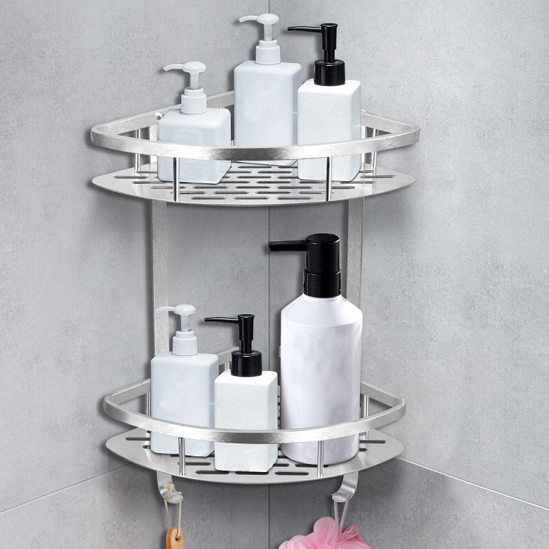 2 Layer Bathroom Corner Shower Shelf Aluminum Triangular Rack Storage ...