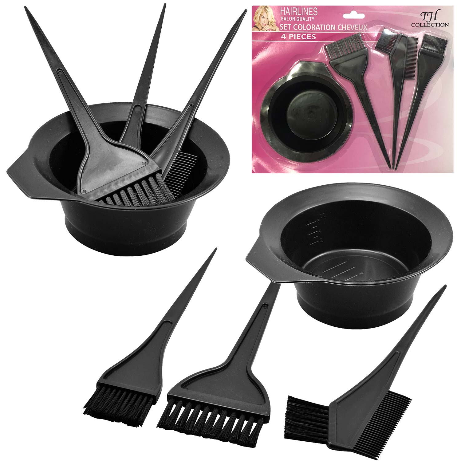 4 Pcs Hairdressing Salon Hair Brush Color Dye Brushes and Bowl Kit For ...