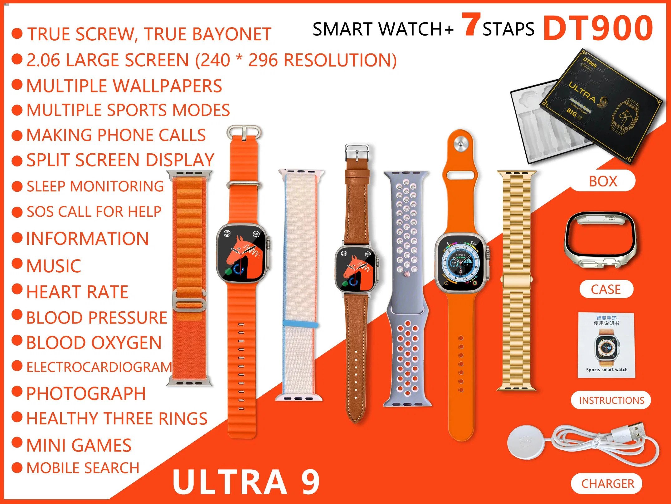 DT 900 7 in 1/s9 3in1 Strap Ultra 9 Smart Watch - 49MM Dial - Full ...