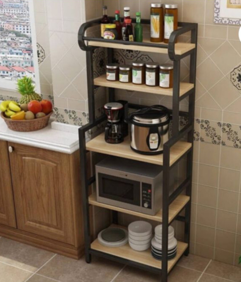 5 Tier Kitchen Rack Wooden Storage Stand with Black Iron Frame ...