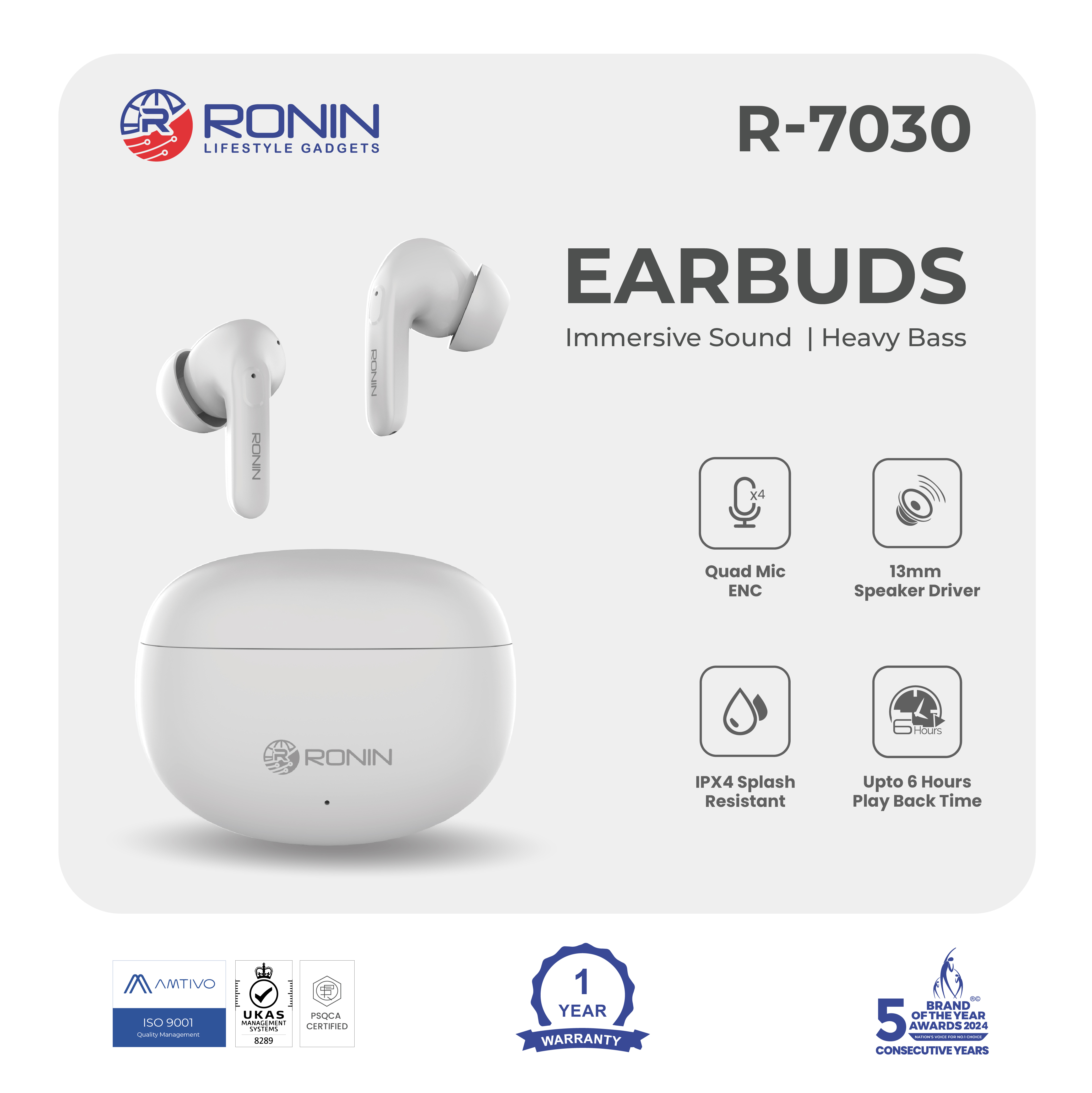 Ronin R-7030 Earbuds, Environmental Noise Cancellation with IPX4 Water ...
