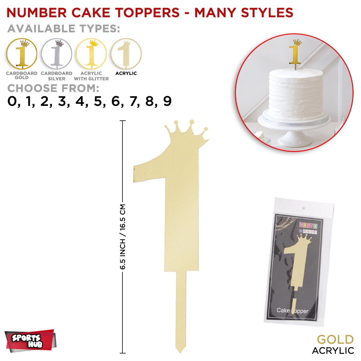 Numbers Cake Toppers 0-9 With Crown Caketopper Gold Acrylic With ...
