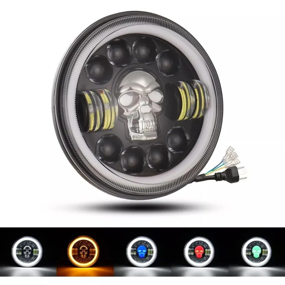 7 Inch Skull Shape Ultra Bright 75 Watts LED Headlight With Multicolor ...