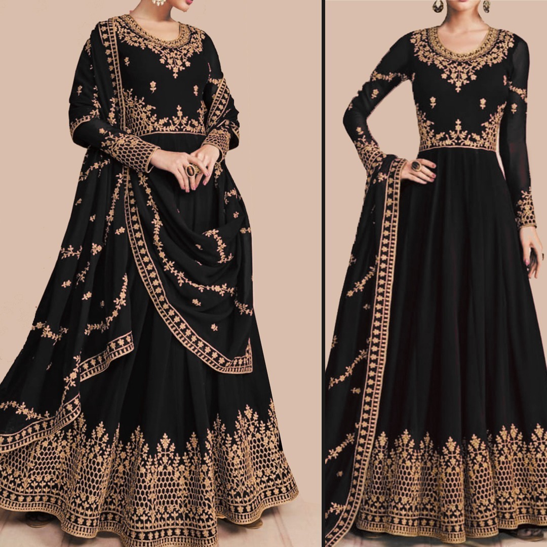 Ladies Chiffon Crincle Embroidered Frock BLACK (Unstitched) FL-13 ...