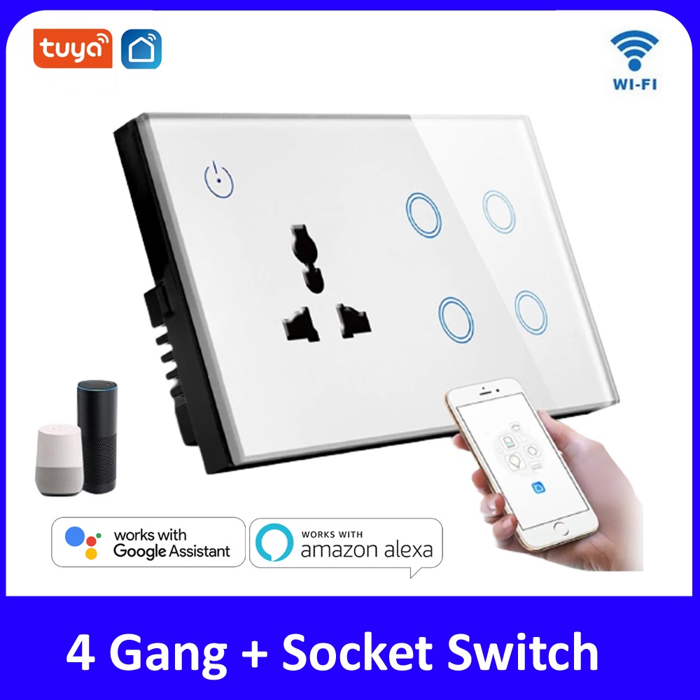 Tuya Smart WiFi Smart 4 Gang + Socekt Touch Wall Switch with Power ...