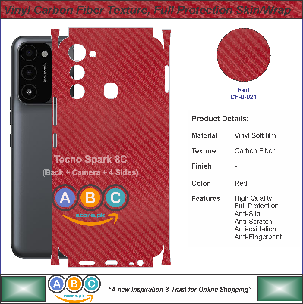 Tecno Spark 8 Series, Full Back Protection Vinyl Skin/Wrap in variety ...
