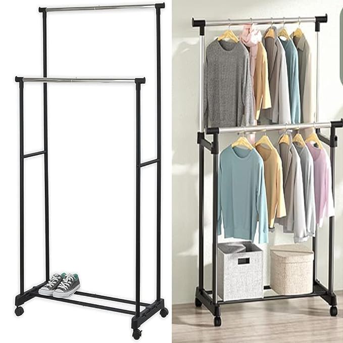 Cloth hanging stand for rooms Double Pole Portable Cloth Rack Cloth ...