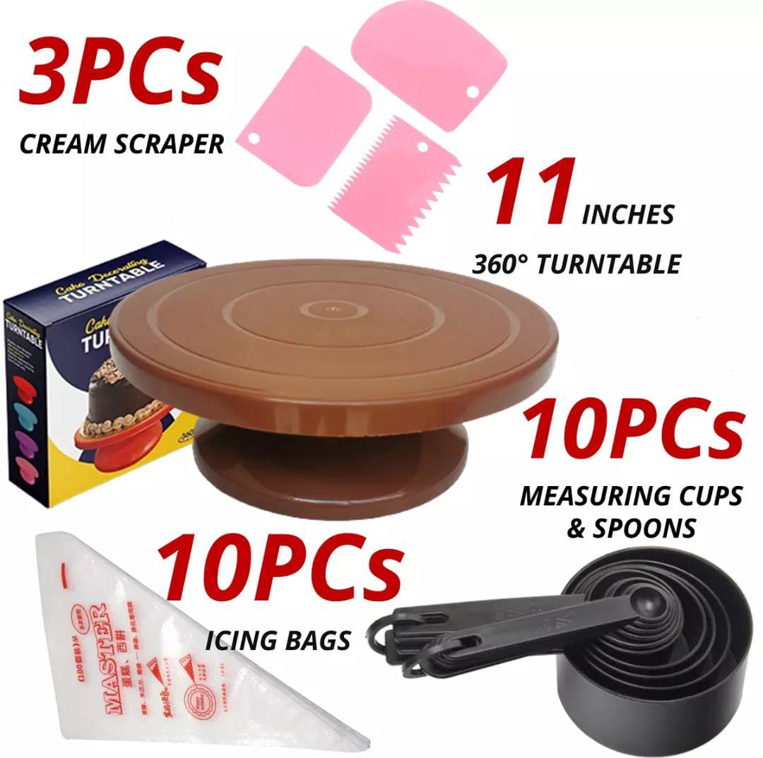 11 Inch Rotating Cake Turntable with 3 Cream Scrapper, 10 icing piping ...
