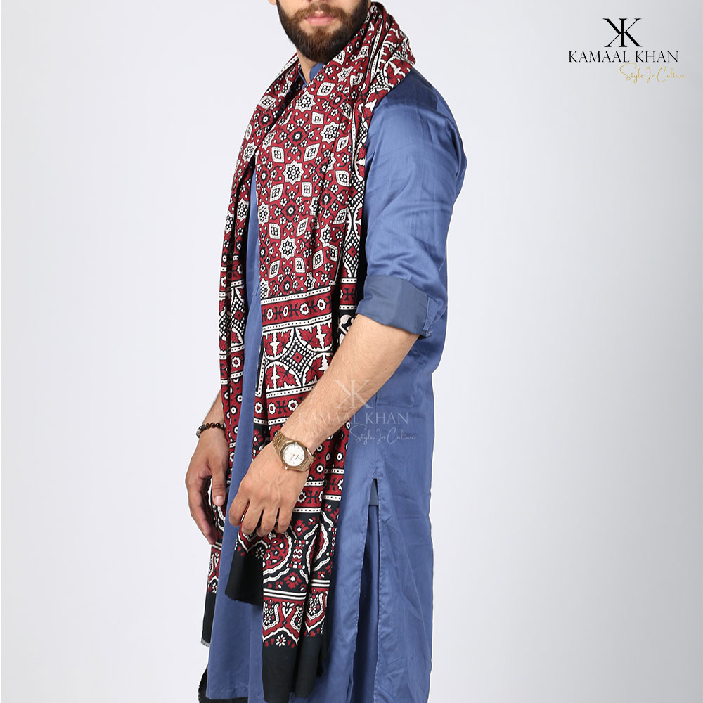 Pure Cotton Sindhi Ajrak Shawl For Men Black - Maroon - Blue | Daraz.pk