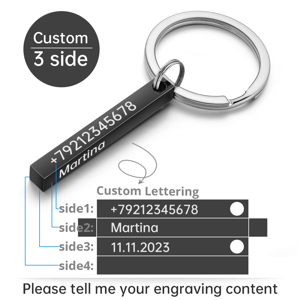 Personalize Keychains 3D Bar Stainless Steel Keyrings 4 Sides Engrave ...