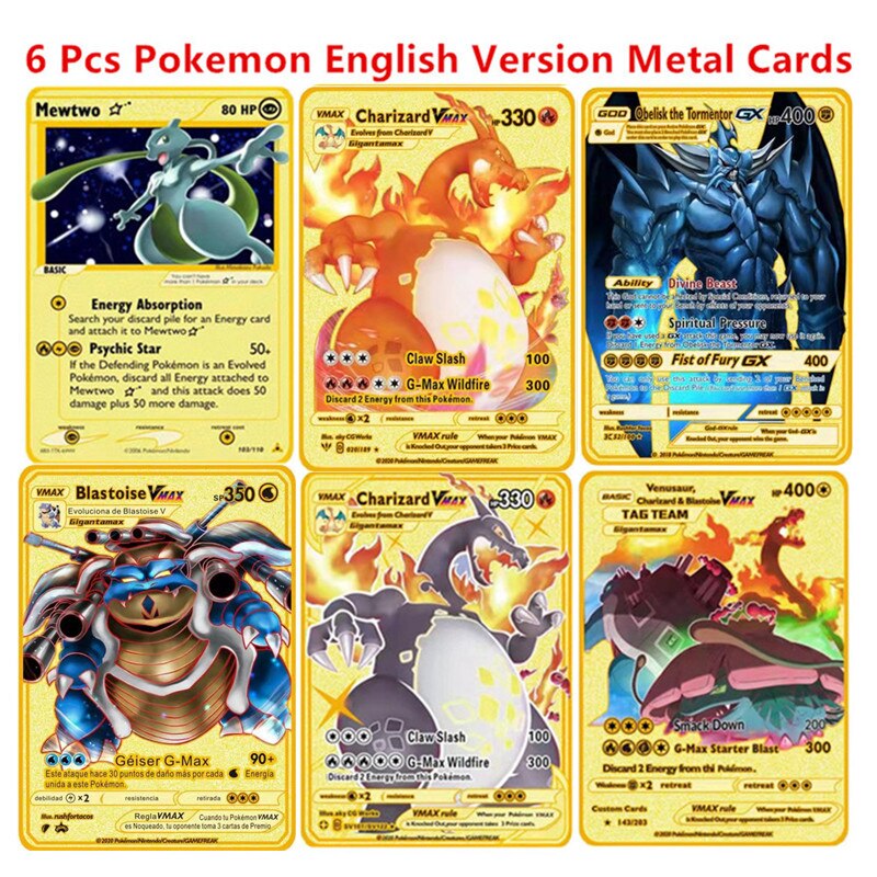 6-12 Pcs/Set Pokemon Metal Card English Spanish Version Anime Figure ...