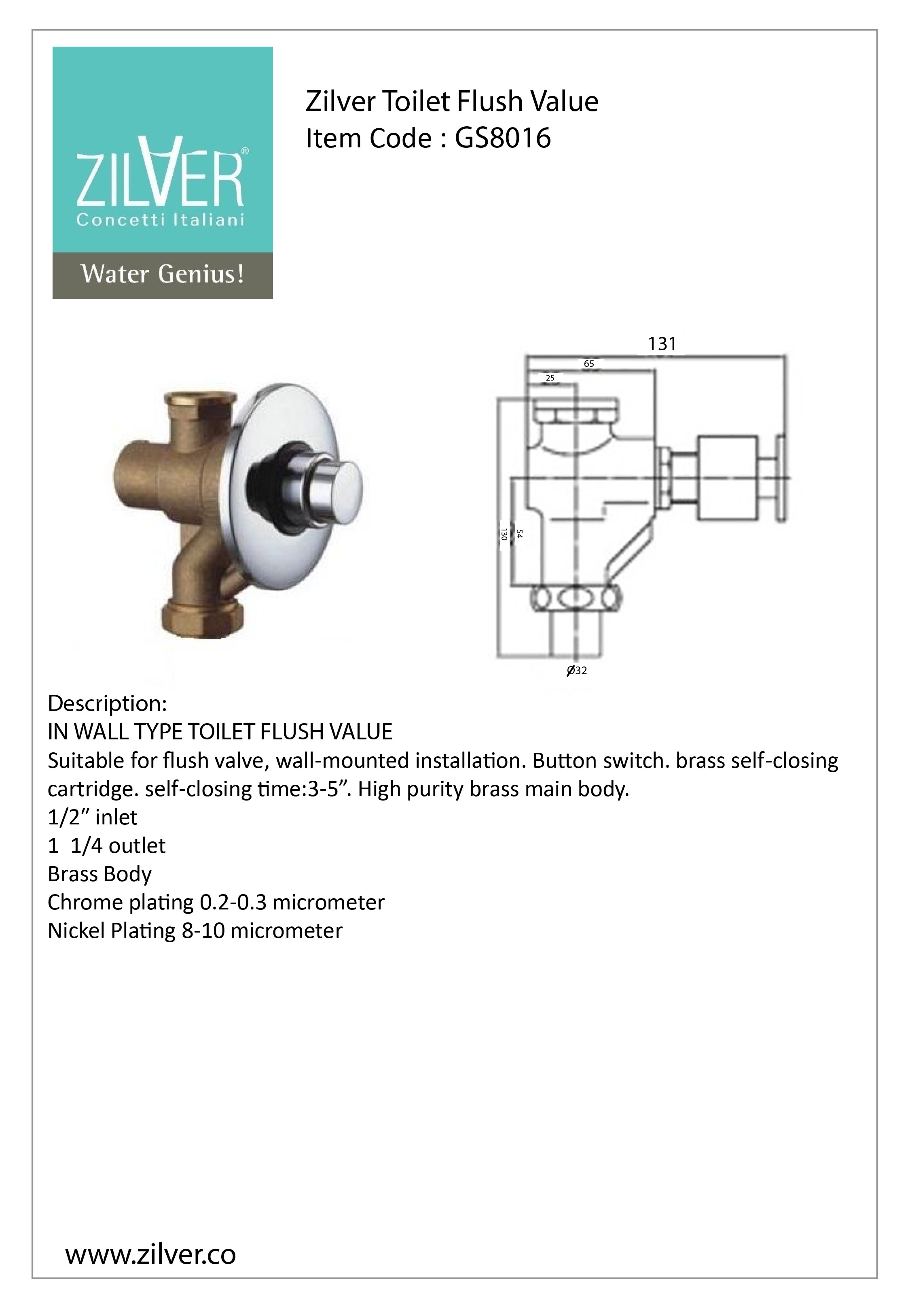 Zilver Toilet Flush Valve Concealed Type | Daraz.pk