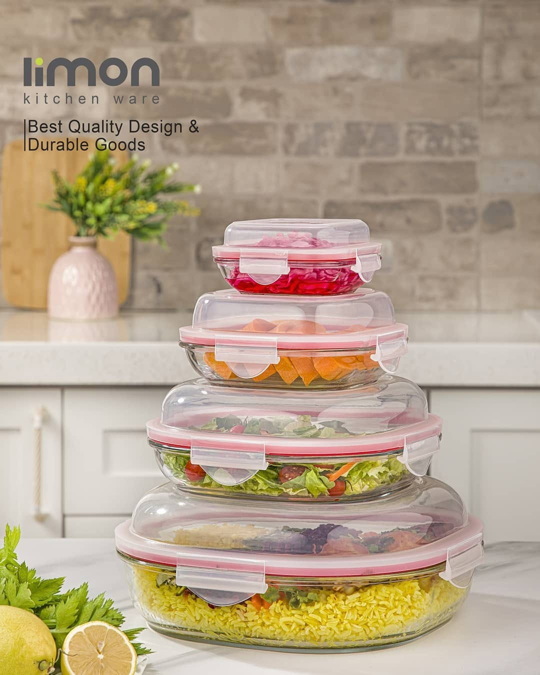 Glass Container Set 4 Pcs/ Limon Glass Container Set 4 Pcs with Lid ...