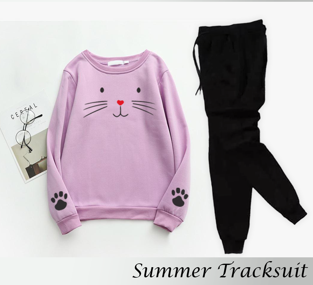 Cute Kitty with Footprints Printed Summer Tracksuit T-Shirt and Trouser ...