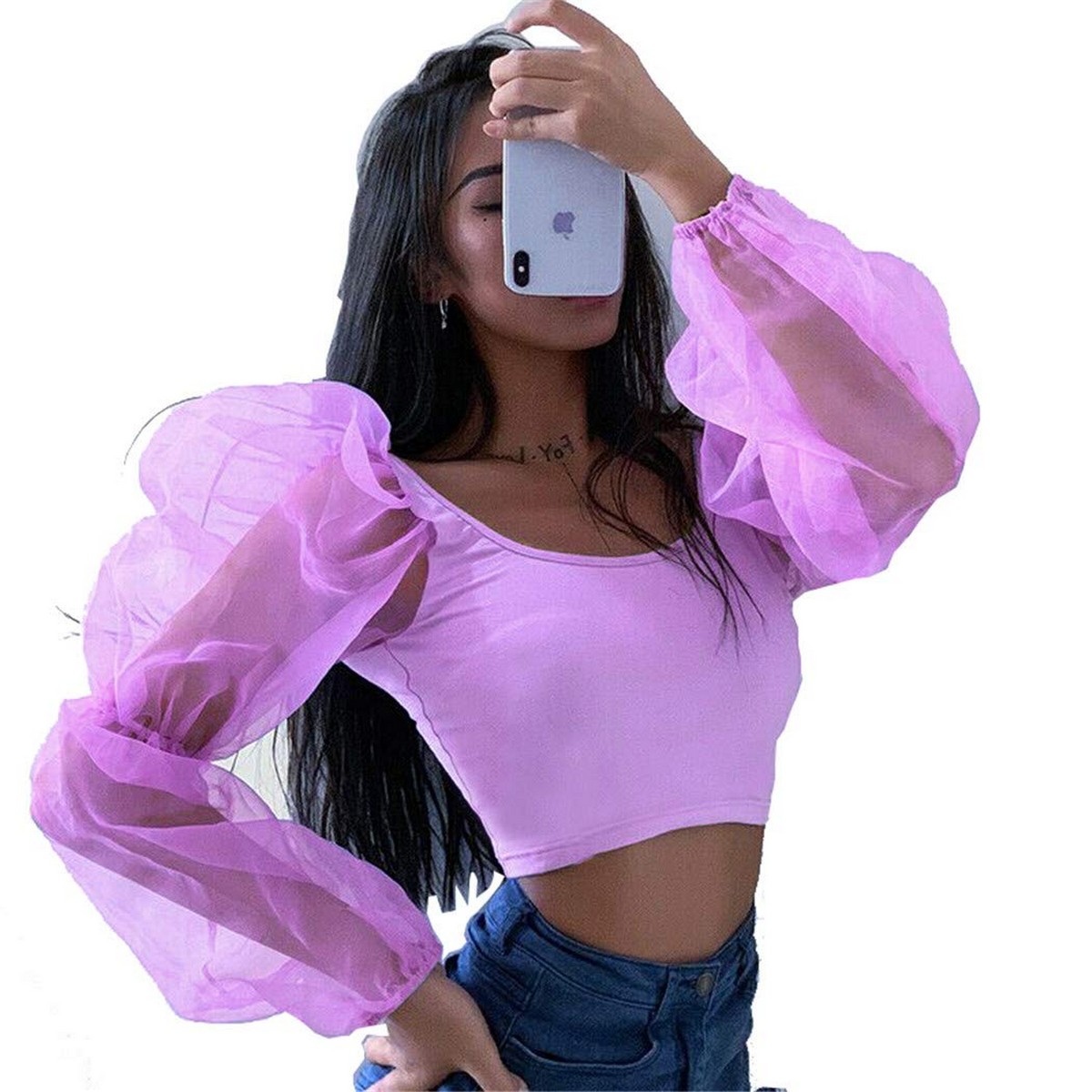 Moderntime Fashion Women Ladies Blouse Long Puff Sleeve Organza Chiffon ...